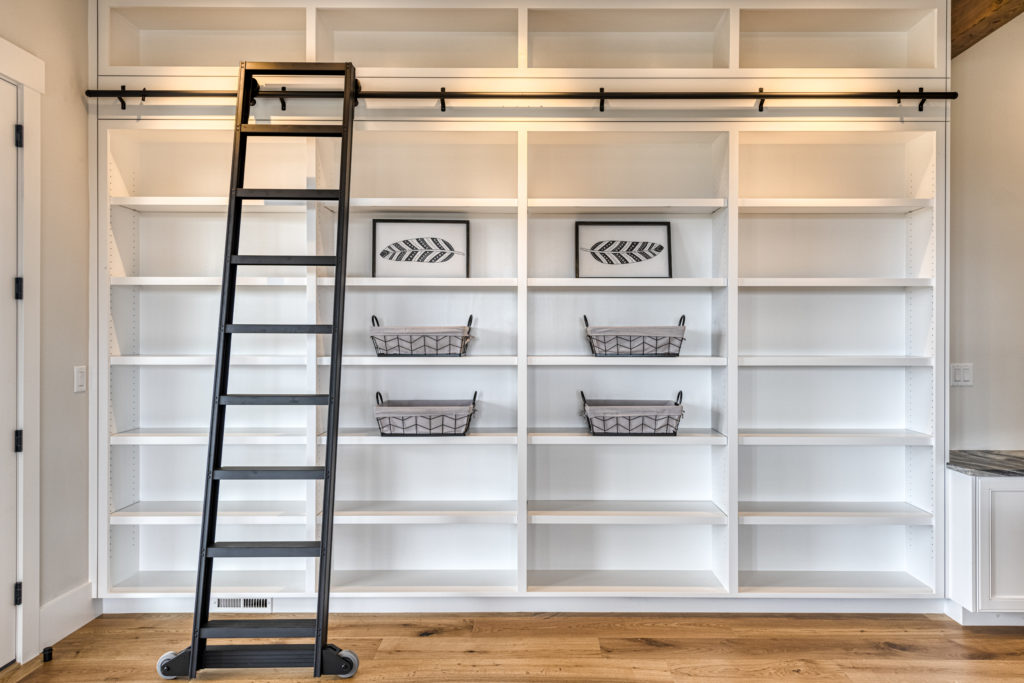 White Bookshelves with Black Library Ladder - Harvest Moon Woodworks